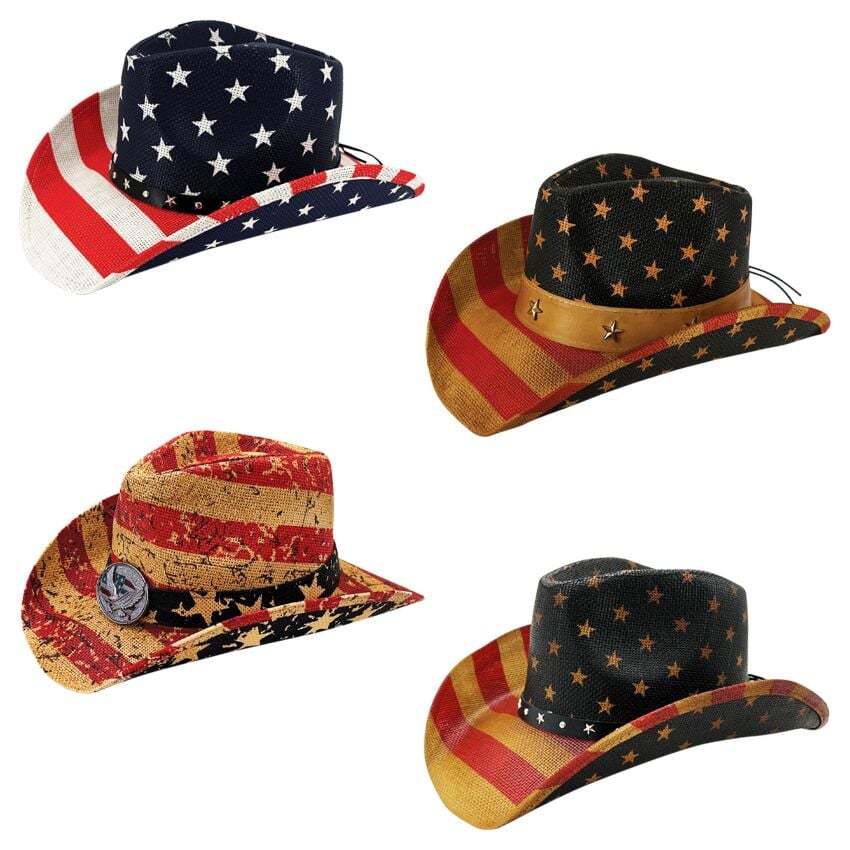 Wholesale USA American Flag Patriotic Paper Straw Cowboy Hat