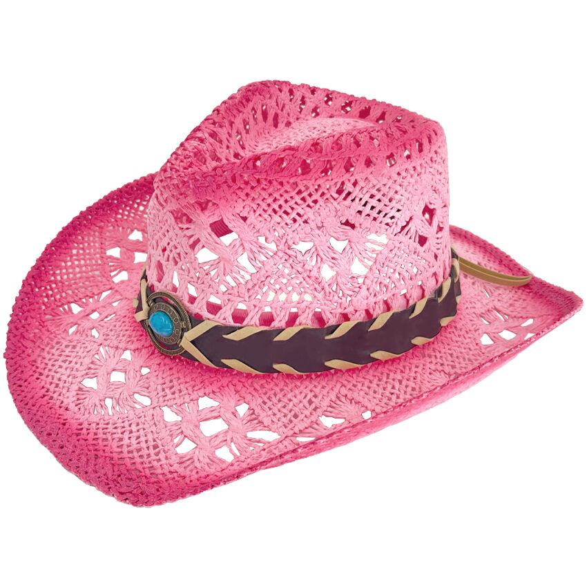 Pink Cowboy Hat with Turquoise Beaded Laced Band in Bulk