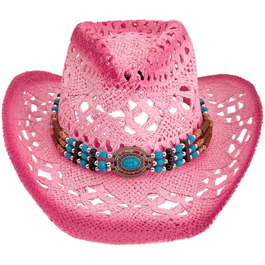 Breathable Pink Cowboy Hat with Turquoise Beaded Band in Bulk