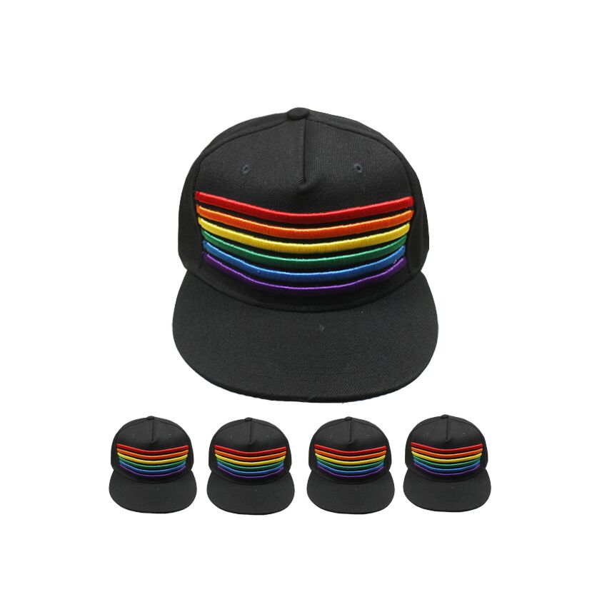 Rainbow Strip Plain Black Snapback Cap - Wholesale