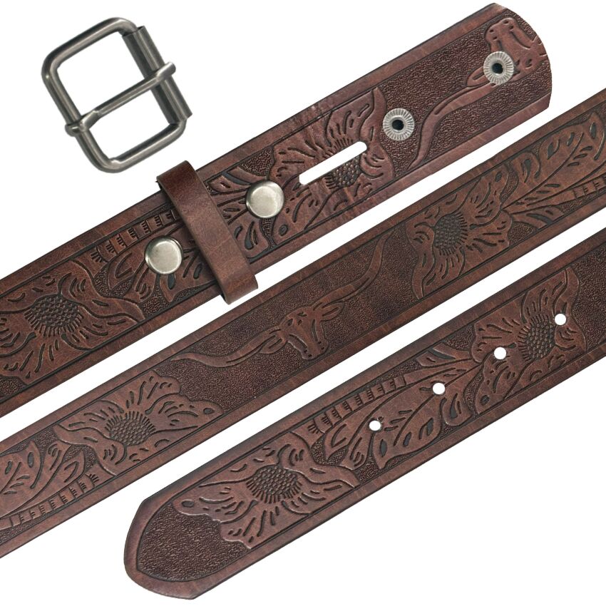 Western Leather Belts Wholesale - Floral Long Horn Engraved