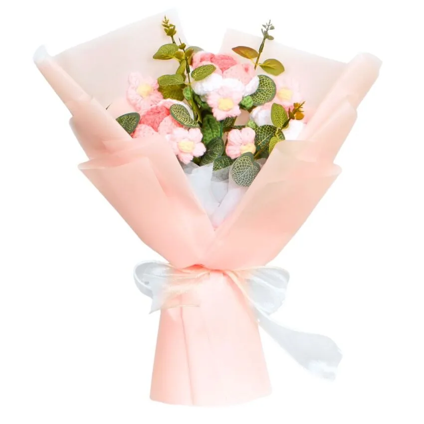 Wholesale Crochet Pink Rose Bouquets with Puff Flowers