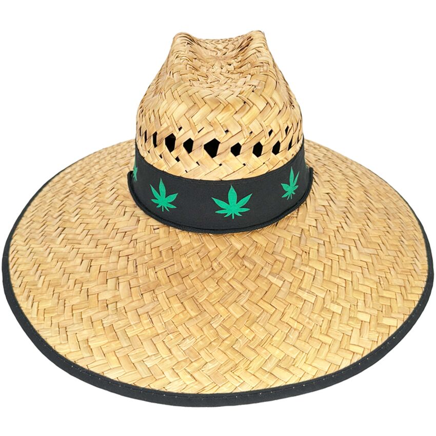 Wholesale Straw Summer Hat with Green Marijuana on Black Bandana