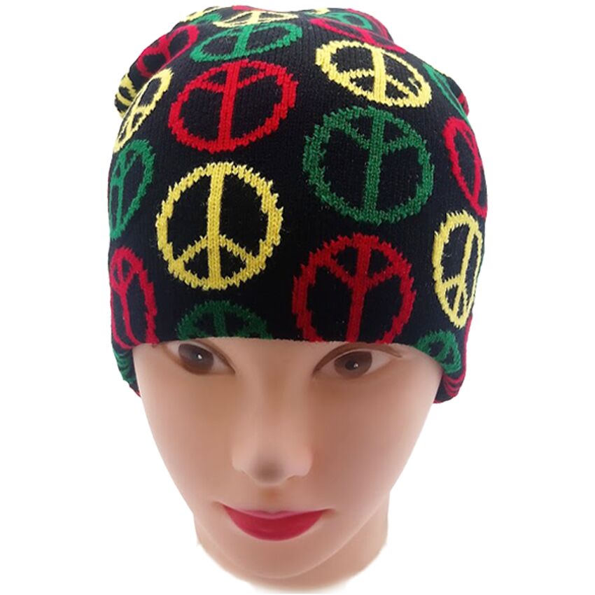 Wholesale Green Red Yellow Peace Sign Pattern Beanie Hat