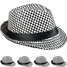 Wholesale Black & White Checkered Party Trilby Fedora Hat Set